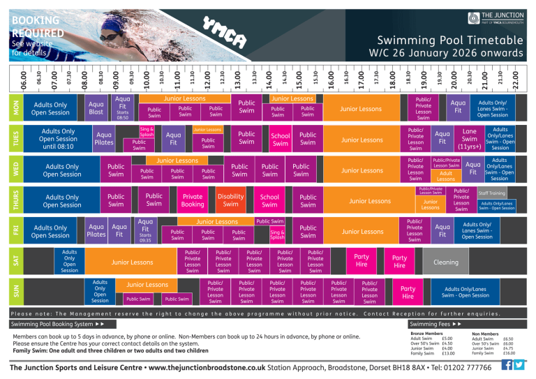 Current Swim Timetable | The Junction Broadstone